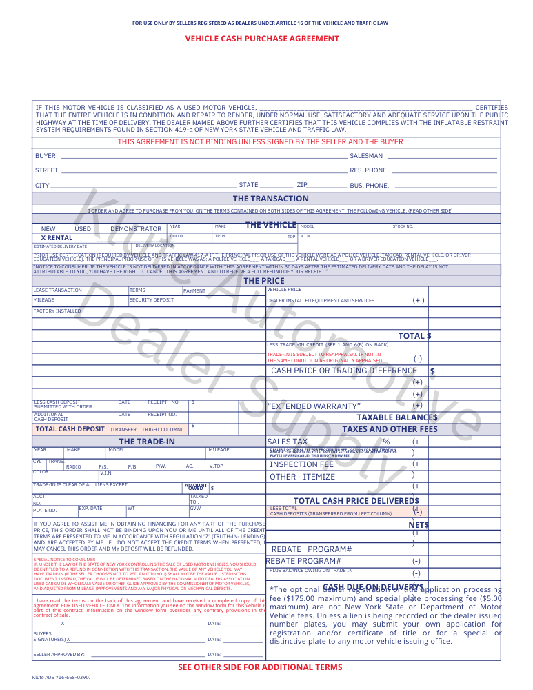 Bill of sale, vehicle cash purchase agreements, car sale receipt ...